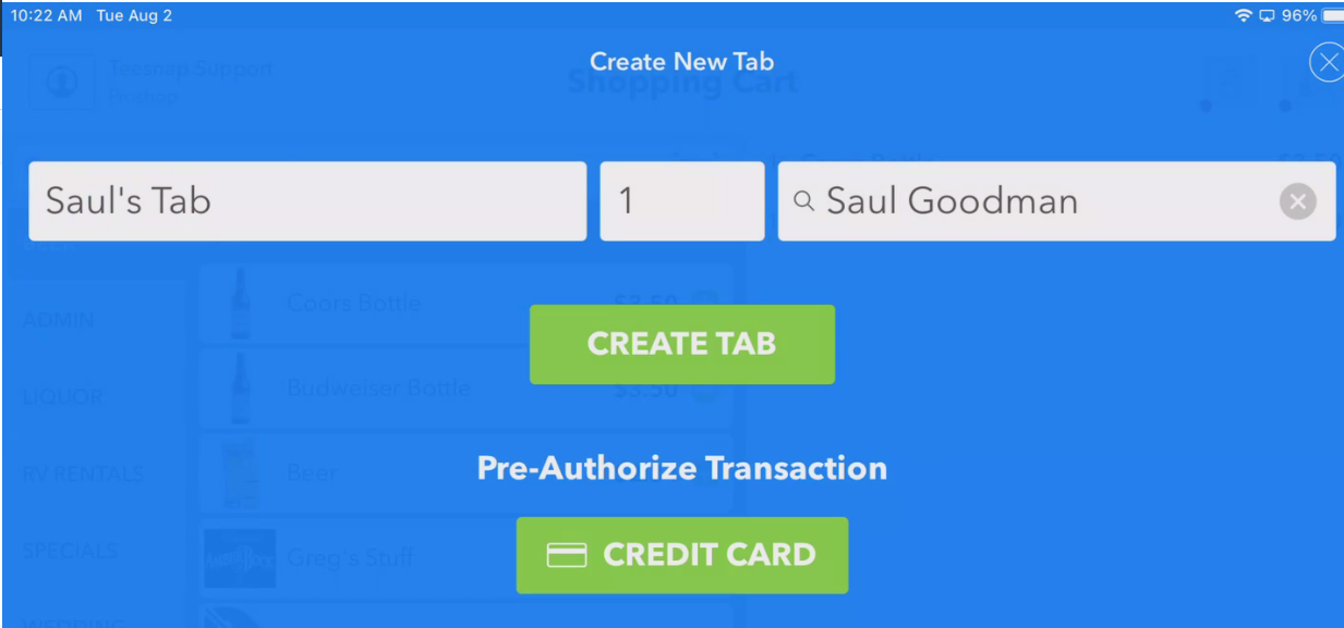 How do I create a tab from the checkout screen?